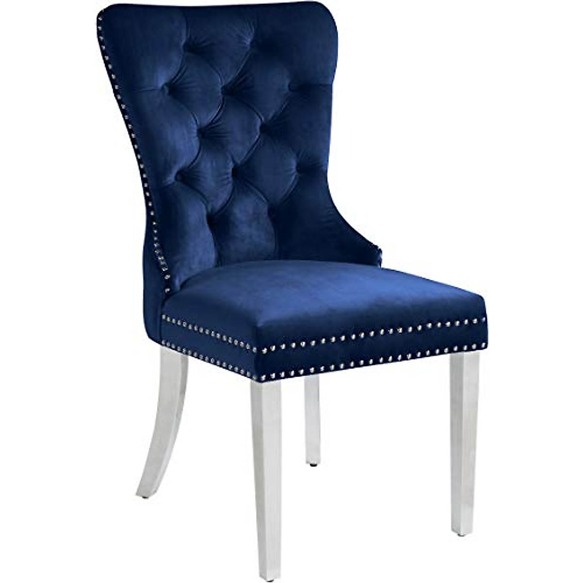 Meridian Furniture Carmen Collection Modern | Contemporary Velvet Upholstered Dining Chair with Button Tufting and Chrome Metal Legs, Set of 2, Navy, 21.5" W x 27" D x 39.5" H