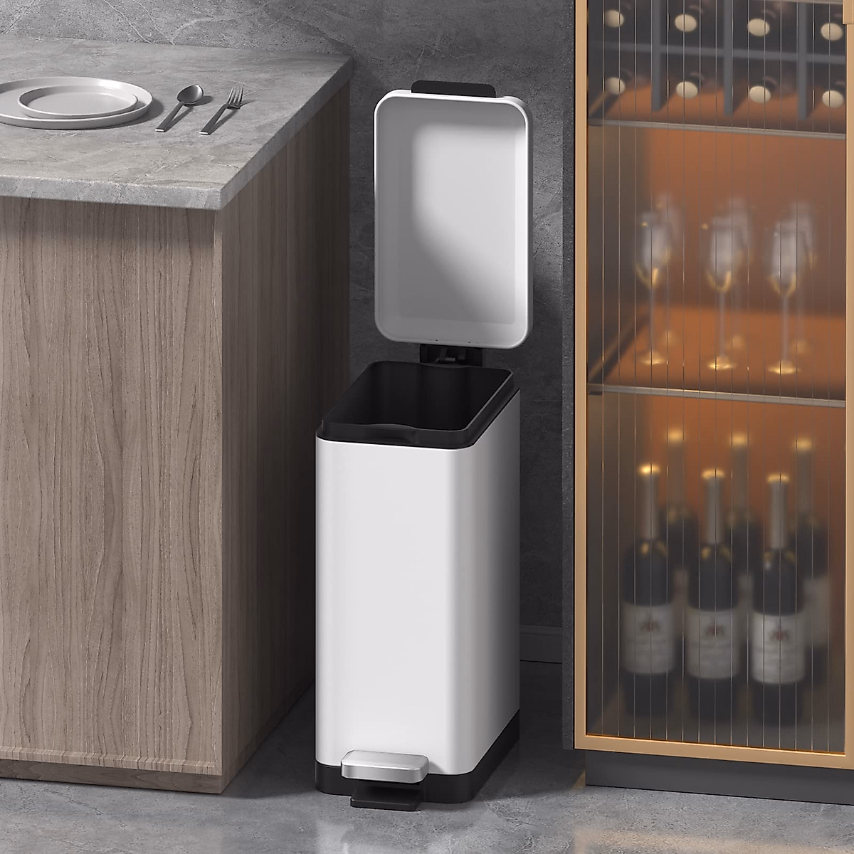 Mbillion Bathroom Trash Can with Lid Slim Stainless Steel Small Bathroom Garbage Can 10 Liter, 2.6 Gallon Soft Close, Step Pedal, Slim Wastebasket for Toilet, Office, Bedroom, White