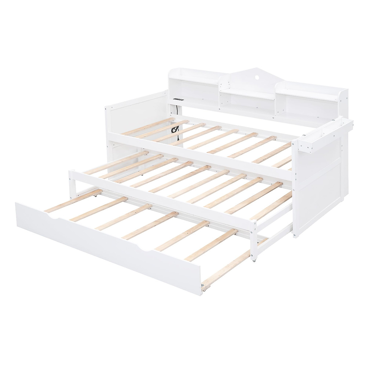 Merax Wooden Storage Shelf, Twin XL Daybed with 2 Trundle, White