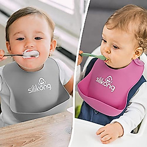 Silicone Bibs for Babies with Crumb & Drip Catcher Pocket | For Babies & Toddlers | Waterproof, Easy to Clean | 2 Colors Set (Pink/Gray)