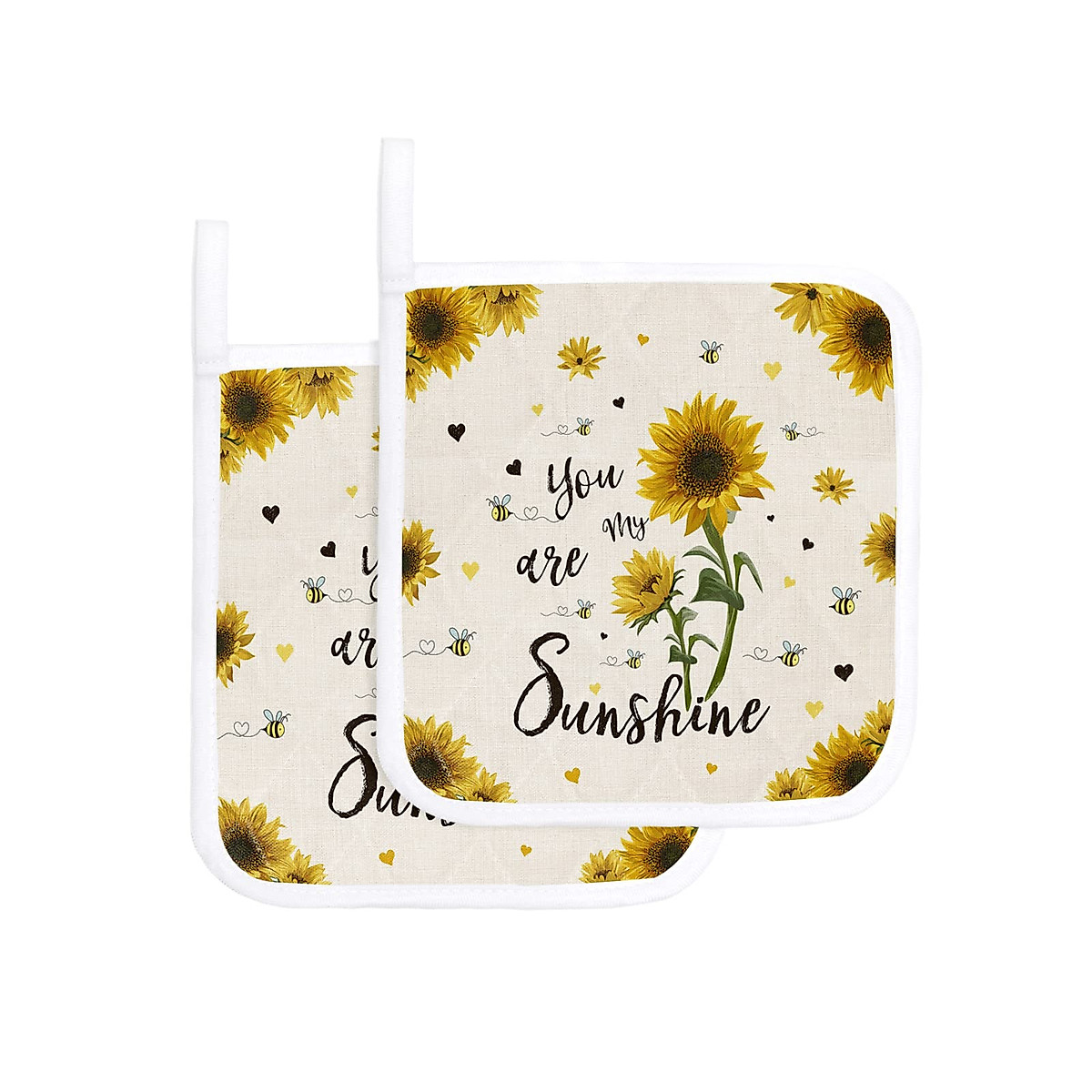 2 Pack Pot Holders Heat Insulation Potholder, Sunflower Hot Pads Multipurpose Oven Pads Terry Cloth Potholders for Kitchen Cooking Baking Dining Table Summer Sunshine Floral and Bees