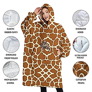 Oversized Wearable Blanket Hoodie Sweatshirt Brown Giraffe Skin Fluffy Flannel Blanket Sweater with Giant Pocket for Women, Adult, Girls, Friend