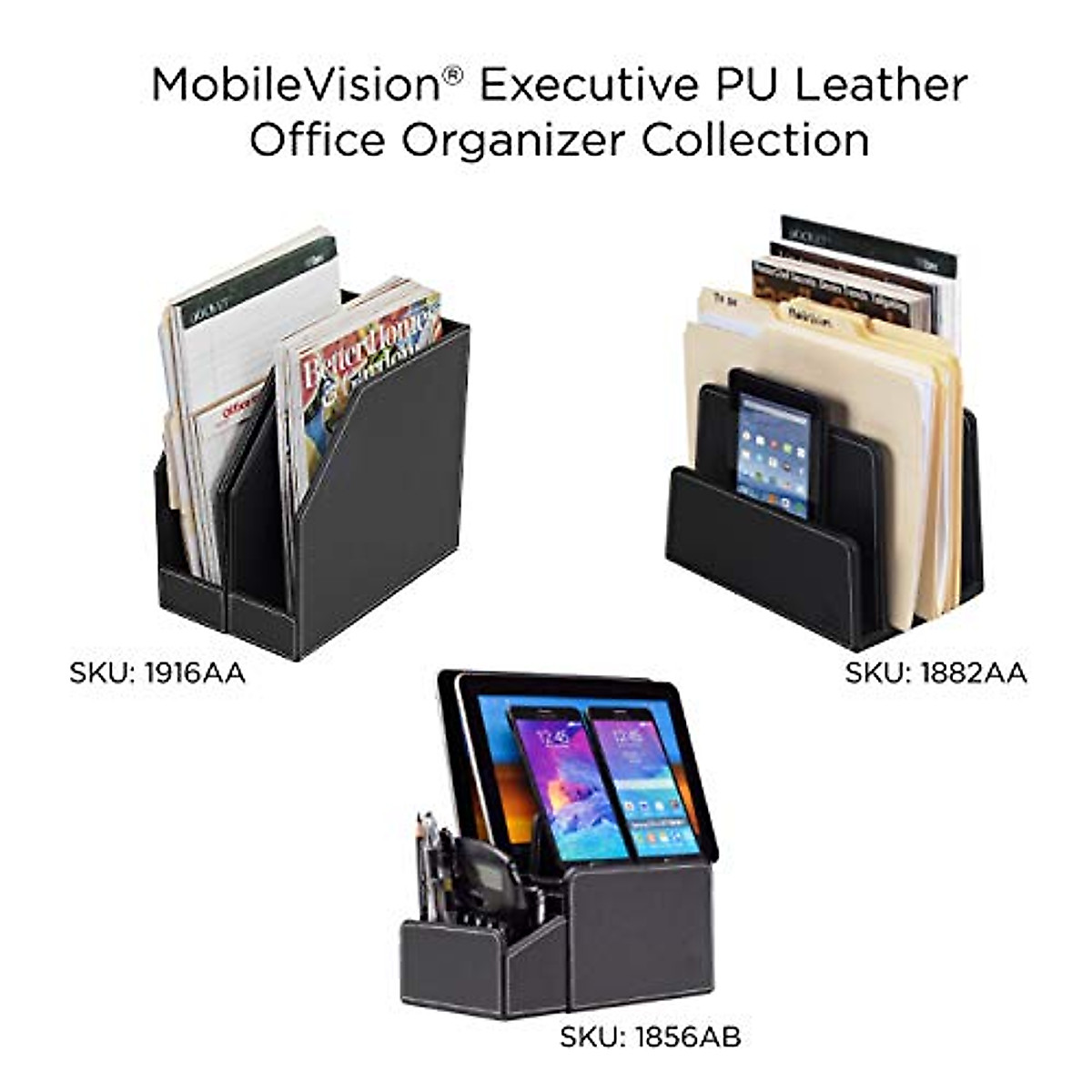 MobileVision Executive PU Leather Vertical File Folder Holder & Office Product Organizer, Store Files, Magazines, Notepads, Books and more, 2 Pack Combo Set