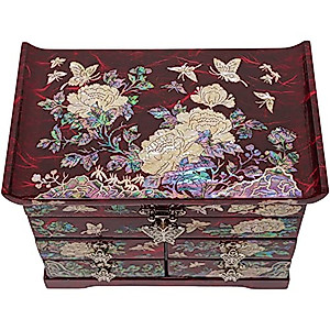February Mountain Mother of Pearl Wooden Jewelry Organizer Box – Jewelry Storage Box for Women, Features Spacious Drawers, Ideal for Rings, Bracelets, Watches, Chains, Accessories (Peony_Red)