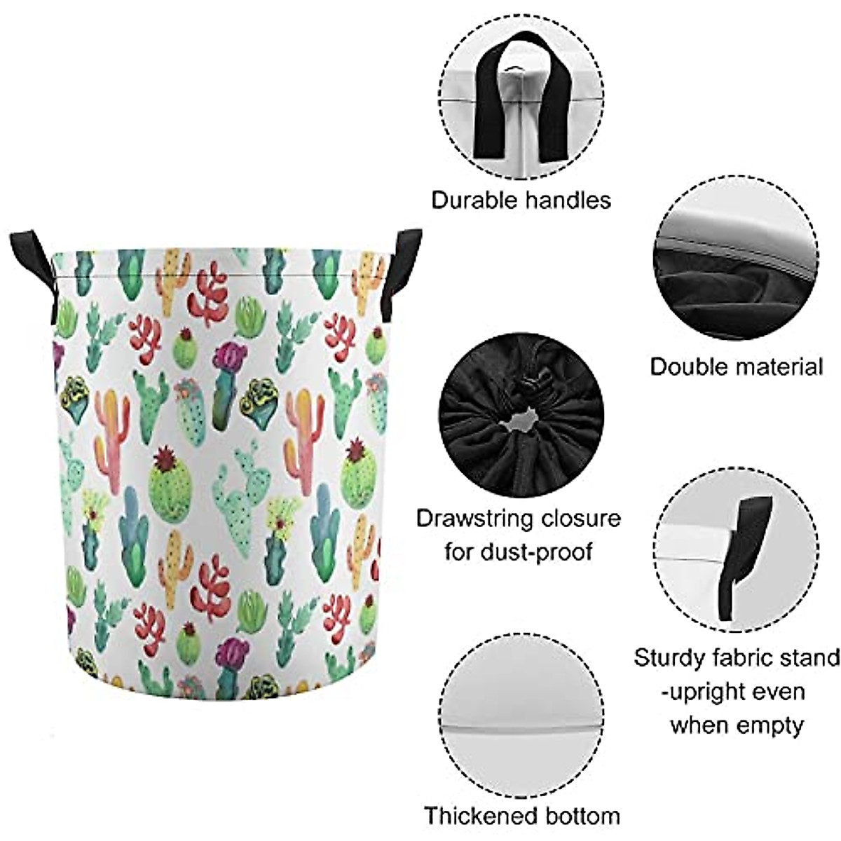 Nudquio Watercolor Cactus Seamless Pattern Laundry Basket with Drawstring Closure Lid and Handles Storage Hamper for Bedroom Office