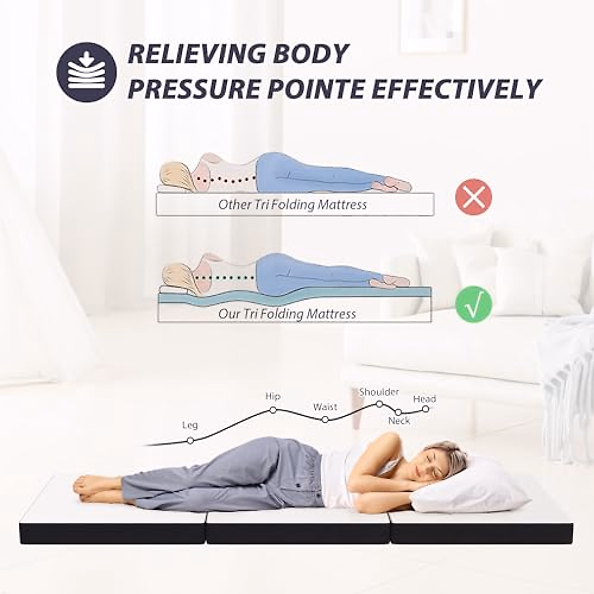 Tri-Fold Gel Memory Foam Mattress - Portable, Foldable Mattress with Washable Cover & Non-Slip Bottom & Breathable Sides, CertiPUR-US Certified, Fiberglass Free, 4 Inch Small Twin