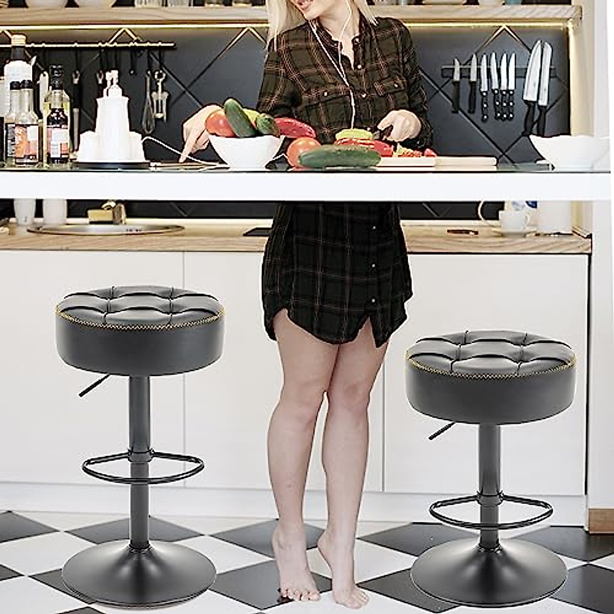 Purgreen Modern Adjustable Height Swivel Circular Bar Stools,360°Counter Height Swivel Chair,Comfortable Faux Leather Seat,Ideal for Home Kitchen Island Living Room and Bar Space
