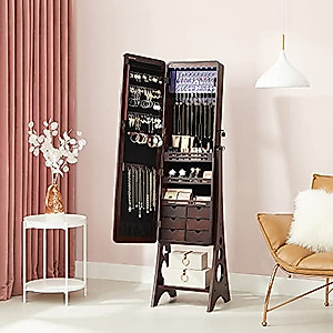 SONGMICS 8 LEDs Jewelry Cabinet Armoire with Beveled Edge Mirror, Gorgeous Jewelry Organizer Large Capacity Brown Patented UJJC89K