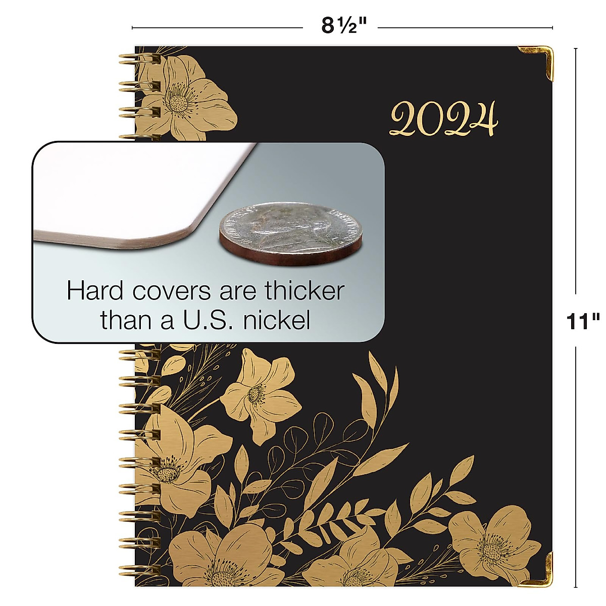 HARDCOVER 2024 Planner: (November 2023 Through December 2024) 8.5"x11" Daily Weekly Monthly Planner Yearly Agenda. Bookmark, Pocket Folder and Sticky Note Set (Golden Floral)