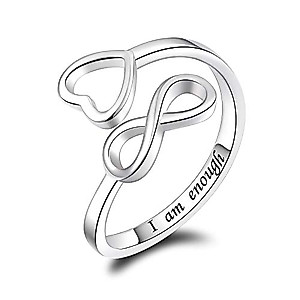 Jinlou 925 Sterling Silver Infinity Ring Inspirational Personalized Adjustable Rings Birthday Graduation Gift for Women Teen（I Am Enough）