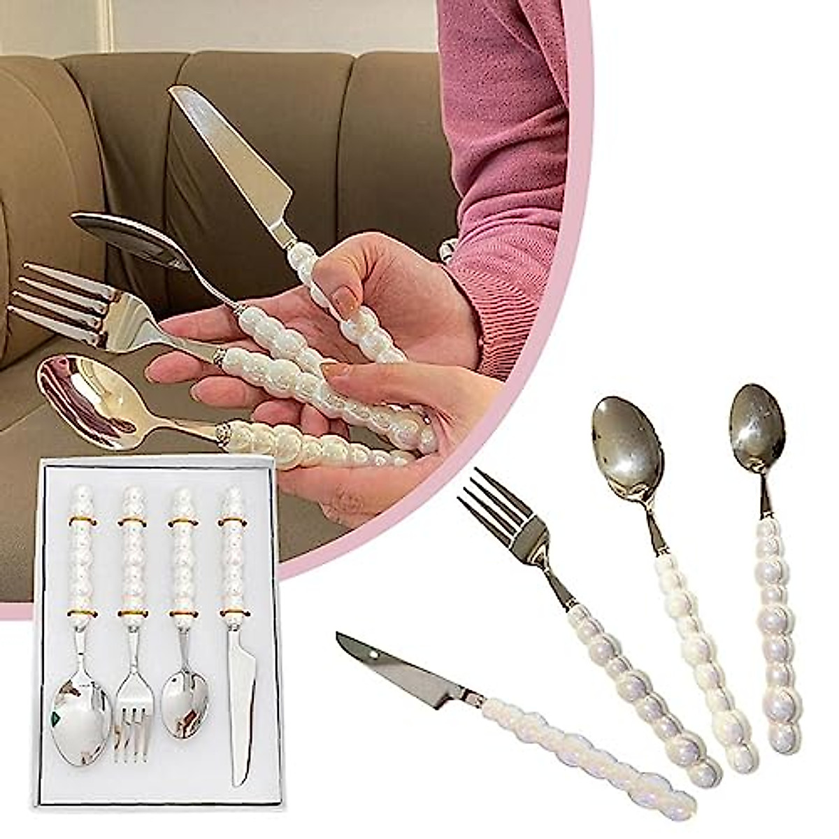 Europe Fashion Pearl Cutlery Set Stainless Steel Creativity Knife Gift Spoon Handle Ceramic Fork Tableware Set Flatware