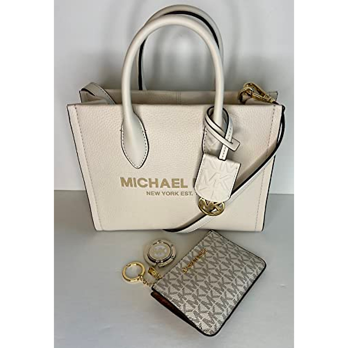 Michael Kors Mirella Small Shopper Top Zip Bag bundled SM TZ Coinpouch Purse Hook (LT Cream Multi/Vanilla PVC)