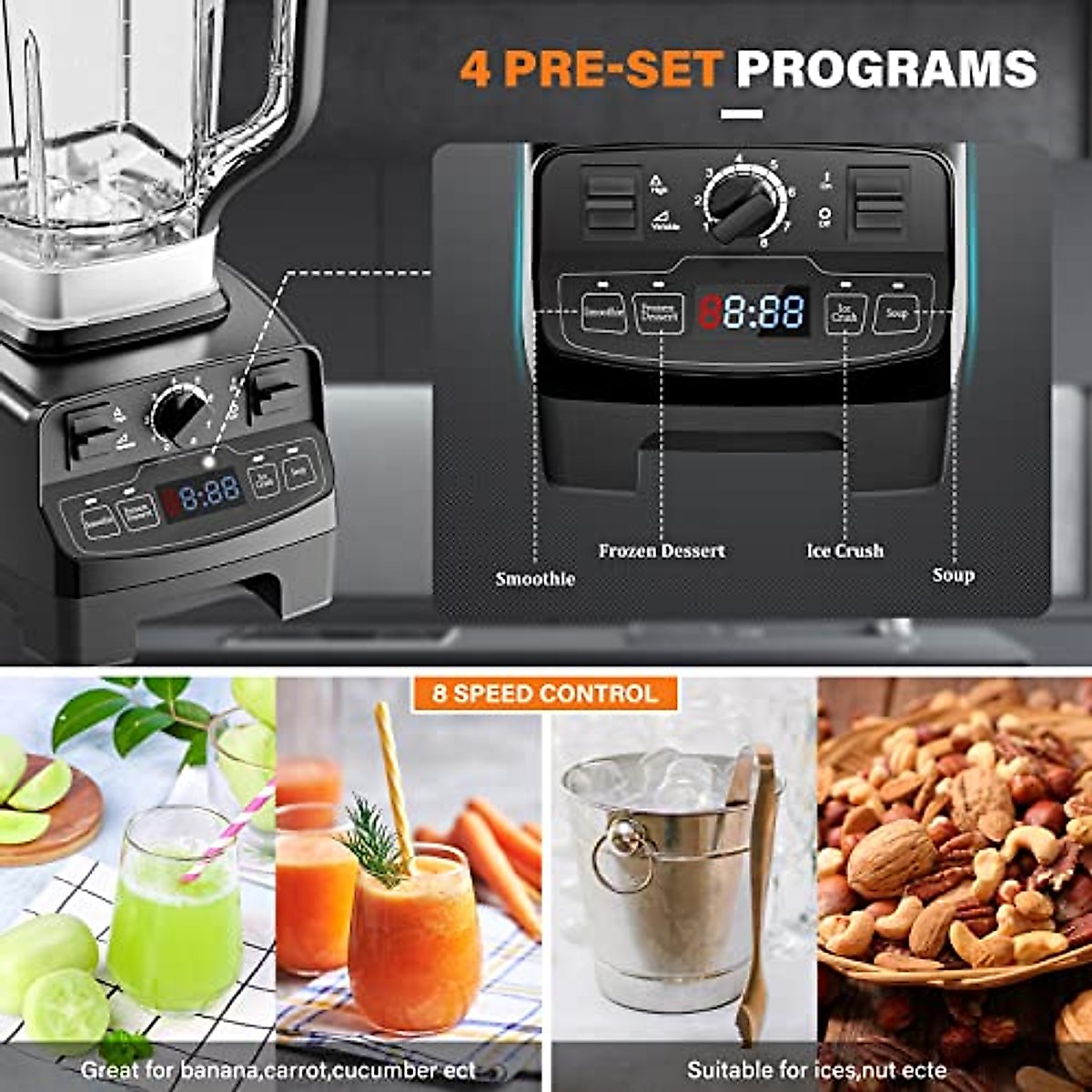 Enfmay Smoothie Blender Maker, 1450W High Performance Blender with 4 Preset Programs, 8 Speeds Control 33000RPM High-Speed, 2L Tritan BPA Free Container, Ice Crush Blender for Smoothie/Ice/Dessert/Nut