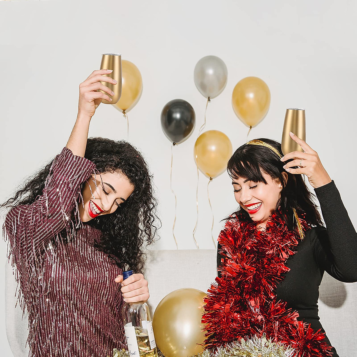 6 Pack Stemless Double Insulated Champagne Flute Tumbler with Lid, 6 Oz Unbreakable Reusable Cocktail Cups Champagne Toasting Glasses, Birthday Christmas Gifts for Friends, Wine Glass Tumbler, Golden