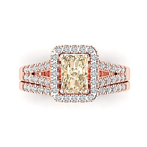 Clara Pucci 1.60ct Emerald Cut Halo Solitaire Natural Morganite Engagement Promise Anniversary Bridal Ring Band set 14k Rose Gold 3.5
