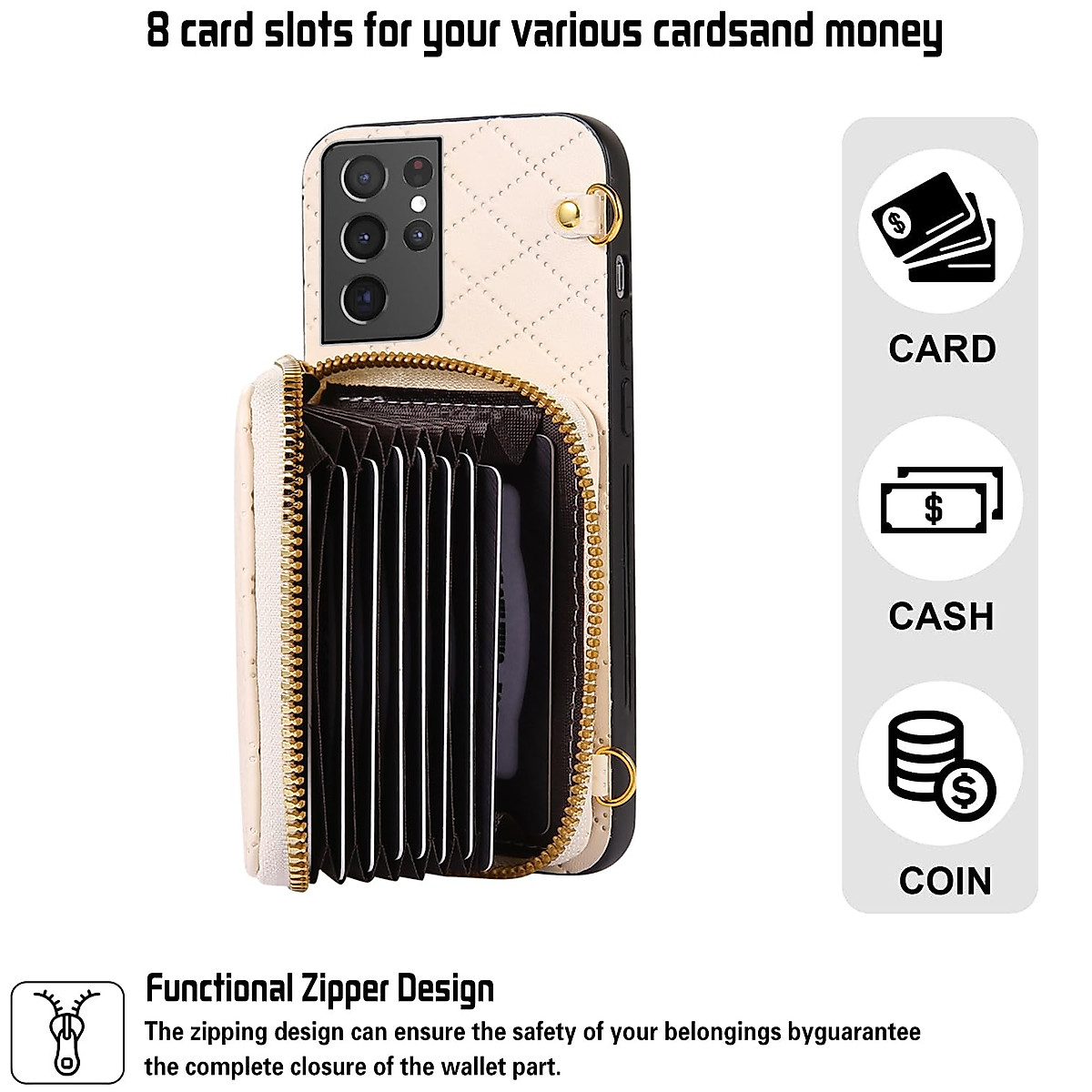 Furiet Detachable Crossbody Strap Wallet Case for Samsung Galaxy S21 Ultra 5G Zipper Purse, Multi Card Slots, PU Leather Stand Shockproof Cell Phone Cover for S21ultra 21S S 21 21ultra G5 Women Beige