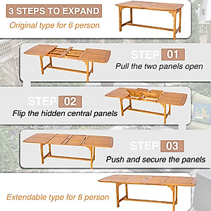 PHI VILLA 9 Pieces Acacia Wood Patio Dining Set for 8, Expandable Teak Dining Table & Wooden Chairs with Cushions, Farmhouse Dining Furniture Set for Outdoor Deck, Yard, Porch