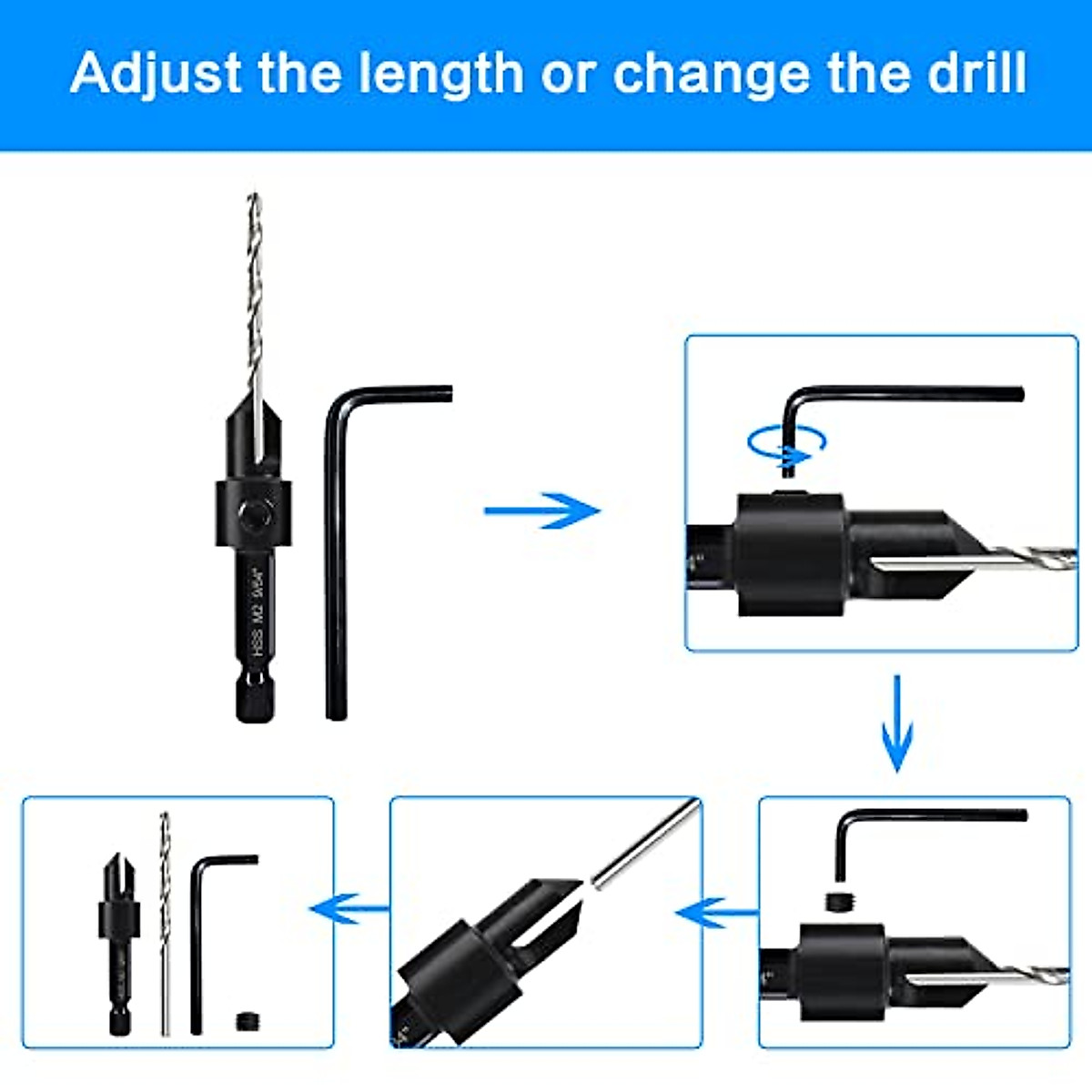 7 Pcs M2 Countersink Drill Bit Set, 3in1 Wood Pilot Countersink Drill Bits for #4#6#8#10#12 Screws Holes, with Adjustable Depth Stop,Quick Release Hex Shank, 2-Allen Wrench