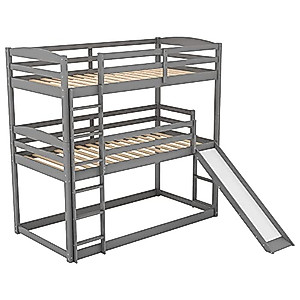Triple Bunk Bed with Slide,Twin-Over-Twin-Over-Twin Bunkbeds with Ladder and Safety Guardrails for Kids/Teen/Adults Bedroom,Can Divided into 2 Beds,No Box Spring Needed,Pine Wood,Gray