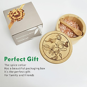 ThougrLyh Bamboo Salt Cellar Box Container Bowl with Lid and Spoon Kitchen Spice Cellars Salt Holder Saver Jar with Swivel Magnetic Lid to Storage Salt Pepper Seasonings
