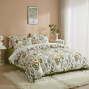 YASMENG 3Pcs Floral Duvet Cover Set Queen Size 100% Cotton Green Botanical Flower on White Bedding Farmhouse Rustic Garden Style Comforter Cover Soft Breathable Plant Patterned Duvet Cover