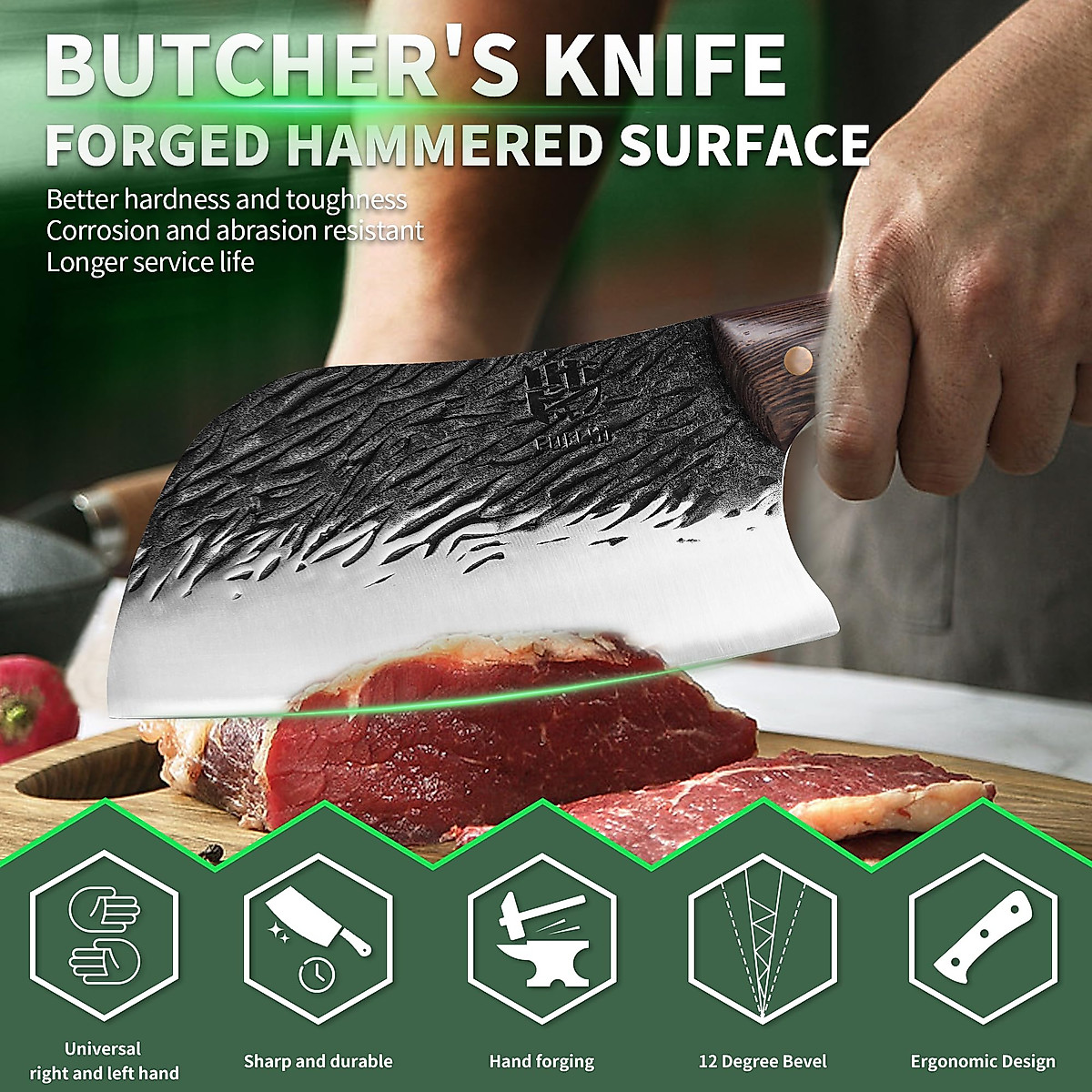 FULLHI Butcher Knife Set with Kitchen Shears, Hand Forged Chef Boning Knife With Scissors High Carbon Steel Carving Fish Knife Chef Knife For Kitchen, Camping, BBQ (Brown, N12PCS with Knife Holder)