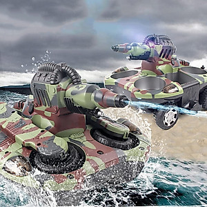 Beach Toys 360° Rotating RC Car 2.4G Remote Control Amphibious Waterproof Military Tanks and Ships RC Water Jet Deformation Fighting Vehicles Outdoor All Terrain RC Cars for Children