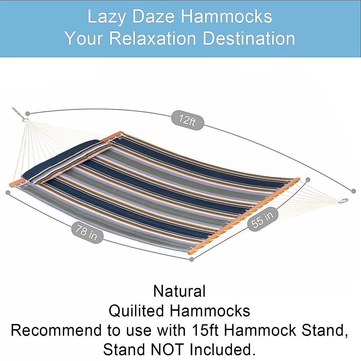 Lazy Daze Hammocks 12 FT Quilted Fabric Hammock with Spreader Bar, 2-Person Double Hammock with Chains and Pillow, Outdoor Hammock for Outside Patio Poolside Backyard Beach, 450 lbs Capacity, Froest
