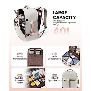 LOVEVOOK Carry On Backpack, 40L Travel Backpack Women with 3 Packing Cubes, TSA Airline Approved Suitcase Bag as Personal Item, Waterproof 17 inch Laptop Backpack for Weekender Overnight,Grey Pink