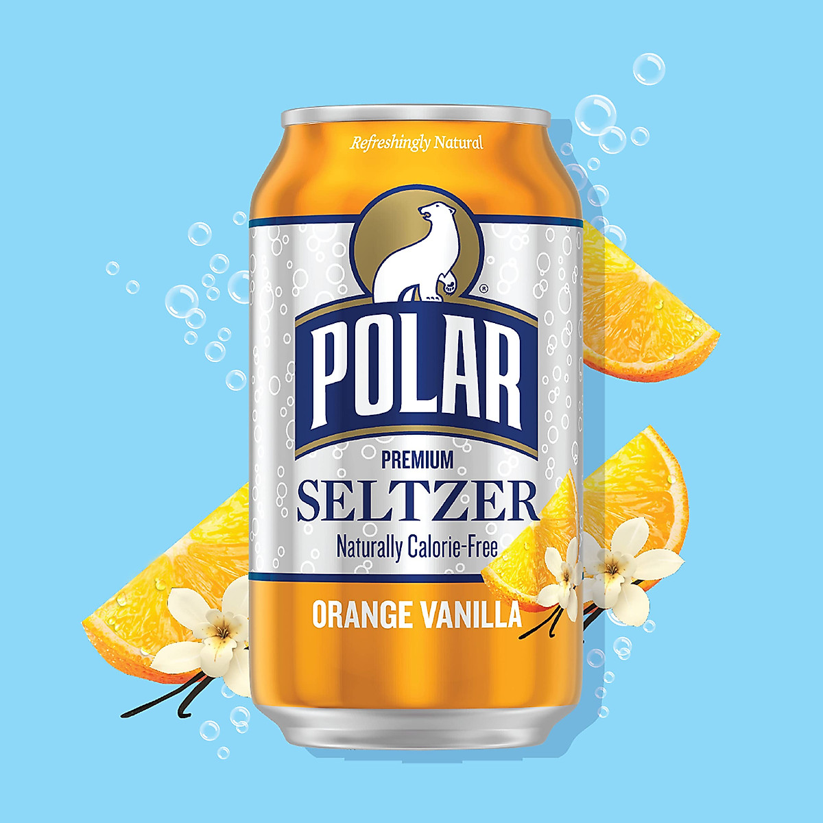 Polar Seltzer Water Orange Vanilla, 12 fl oz cans, 24 pack