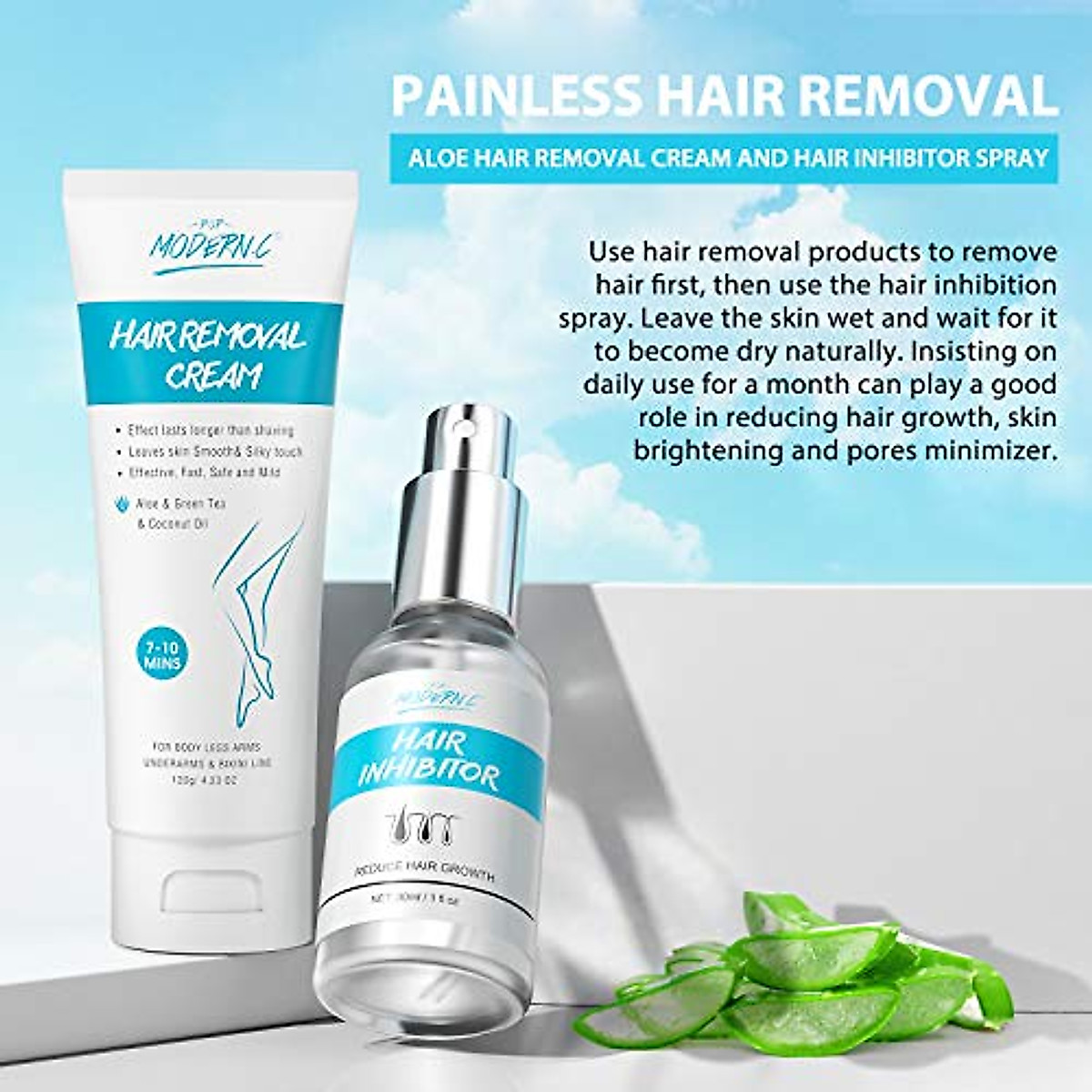 Aloe Hair Removal Cream & Hair Inhibitor Spray Set For Men or Women Sensitive Formula Bikini Remove Cream Painless Hair Remover Moisturizing For Body Arm Leg Armpit Gifts
