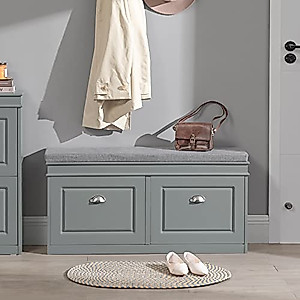 Haotian FSR64-HG, Grey Storage Bench with 2 Flip Drawers & Padded Seat Cushion, Hallway Bench Shoe Cabinet Shoe Bench, Hidden Shoe Rack Bench for Hallway, Bedroom