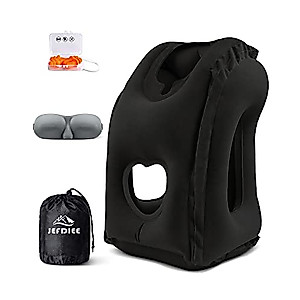 JefDiee Inflatable Travel Pillow, Airplane Neck Pillow Comfortably Supports Head and Chin for Airplanes, Trains, Cars and Office Napping with 3D Eye Mask, Earplugs and Portable Drawstring Bag (Black)