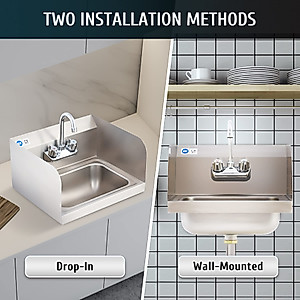 WILPREP Commercial Hand Wash Sink, NSF Stainless Steel Commercial Utility Sink with Gooseneck Faucet and Strainer, 17x15 Inch Wall Mount Kitchen Sink for Restaurant Bar RV Bathroom Laundry Room