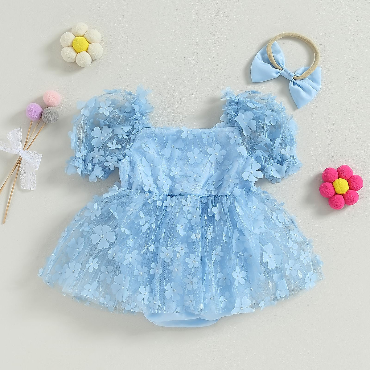 VISGOGO Baby Girl Tulle Dress Romper Sleeveless Onesie Knot Pleated Bodysuit Newborn Mesh Princess Outfits (D-Blue, 3-6 Months)
