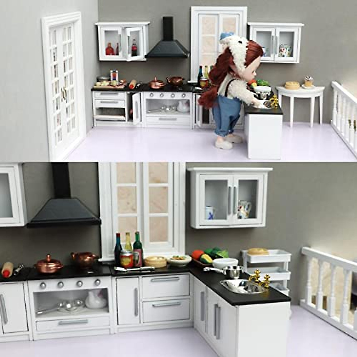 Dollhouse Kitchen Furniture, Modern Style 1:12 Mini Dollhouse Kitchen Cabinet Simulation Life Scene Lifelike Ample Shelf Space for Bar for Kids