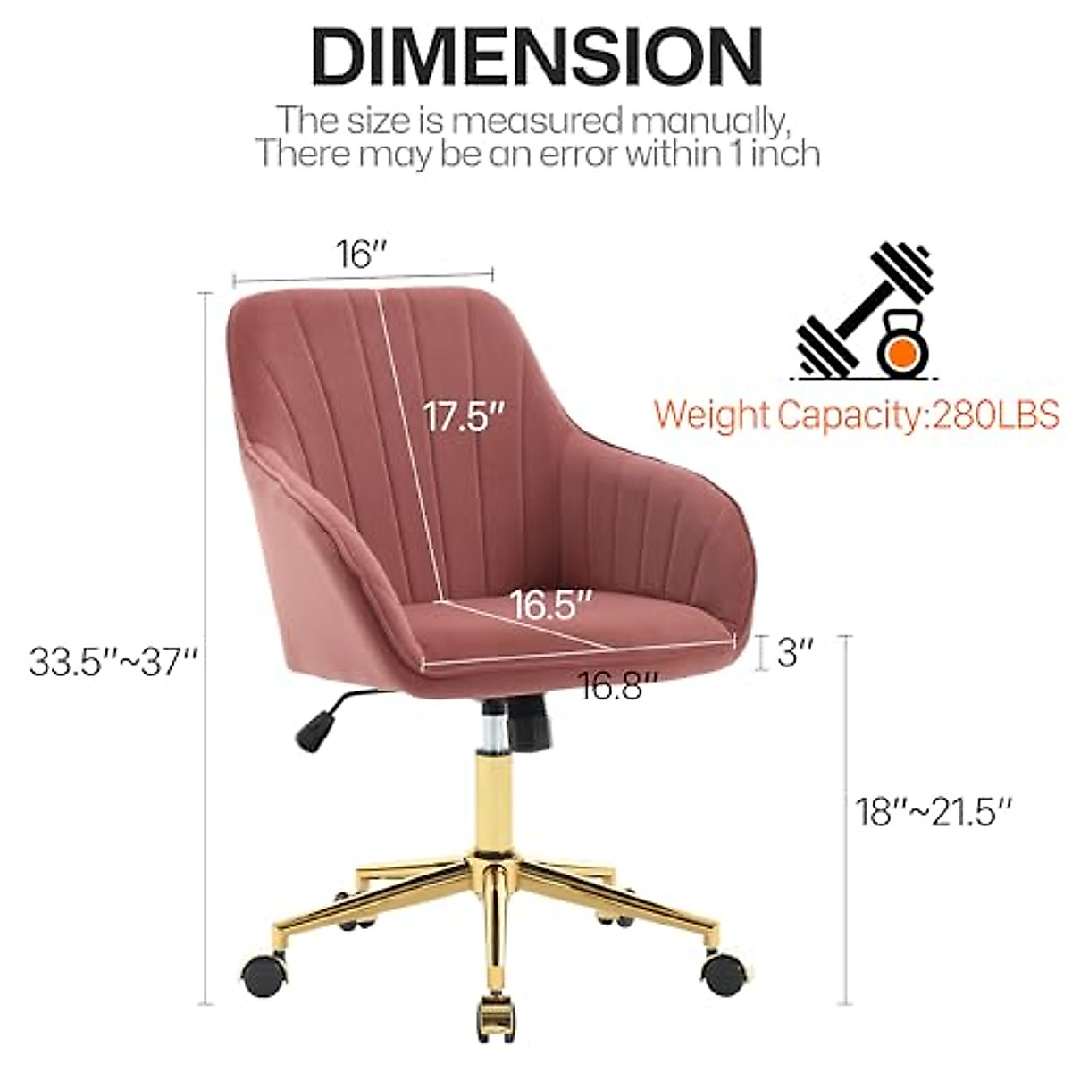 KCC Velvet Home Office Desk Chair with Gold Base, Modern Height Adjustable 360° Swivel Upholstered Vanity Chairs with Arms for Living Room Bedroom, Rose