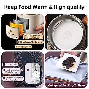 TiLeMiun Portable Insulated Lunch Containers Set, Microwave Safe Thermal Lunch Box For Kids & Aldults, 18/8 Stainless Steel Leakproof Food Container With Bag (Blue 2Pcs 34oz)