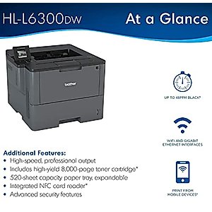 Brother HL-L6300DWB Wireless Single-Function Monochrome Laser Printer, Gray - Print only - 48 ppm, 1200 x 1200 dpi, 8.5 x 14, 256MB Memory, Auto Duplex Printing, 520 Sheet, Ethernet