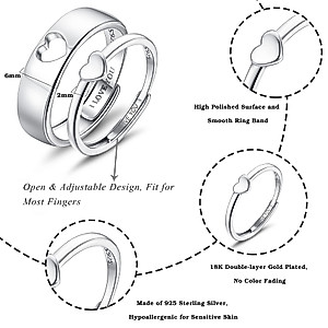 MILACOLATO Matching Rings for Couples 925 Sterling Silver Adjustable Matching Heart Promise Ring I Love You Engagement Wedding Ring for Him and Her Valentines Day Gifts