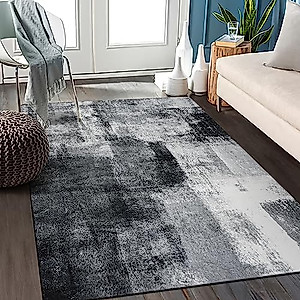 Lahome Modern Washable Living Room Area Rug - 3x5 Throw Soft Small Rugs for Bedroom Non-Slip Stain Resistant Entryway Rug Kitchen Rugs Grey Abstract Print Capet for Office Laundry Room Dining Room