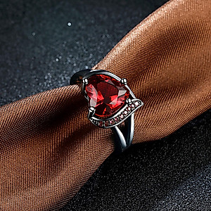 QOBEBOTA Romantic Size 8 Black Gold Plated Engagement Rings Red Heart Ruby Ring Promise Rings for Her Gothic Wedding Ring Birthday Gifts Statement Ring for Women