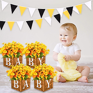 4 Wood Grain Baby Centerpiece Brown Flower Boxes Party Arrangement Favor Block Holder Baby Shower Gender Reveal Table Display with Letters Boy Girl Birthday Baby Shower Decorations without Flowers