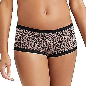 Maidenform Women's Underwear, Microfiber with Lace Boyshort Panties, One Fab Fit, 3-Pack, Sandshell/Sandshell/Iced Mocha Leo Print