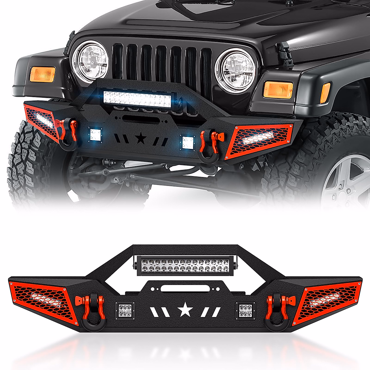 YZONA Off-road Front Bumper Compatible with 1987-2006 Jeep Wrangler TJ YJ LJ Rock Crawler Bumper w/Paintable Armor, Winch Plate, 1 x 312W LED Light, 4 x 18W LED Lights & D-rings, 2/4 Doors (Black)