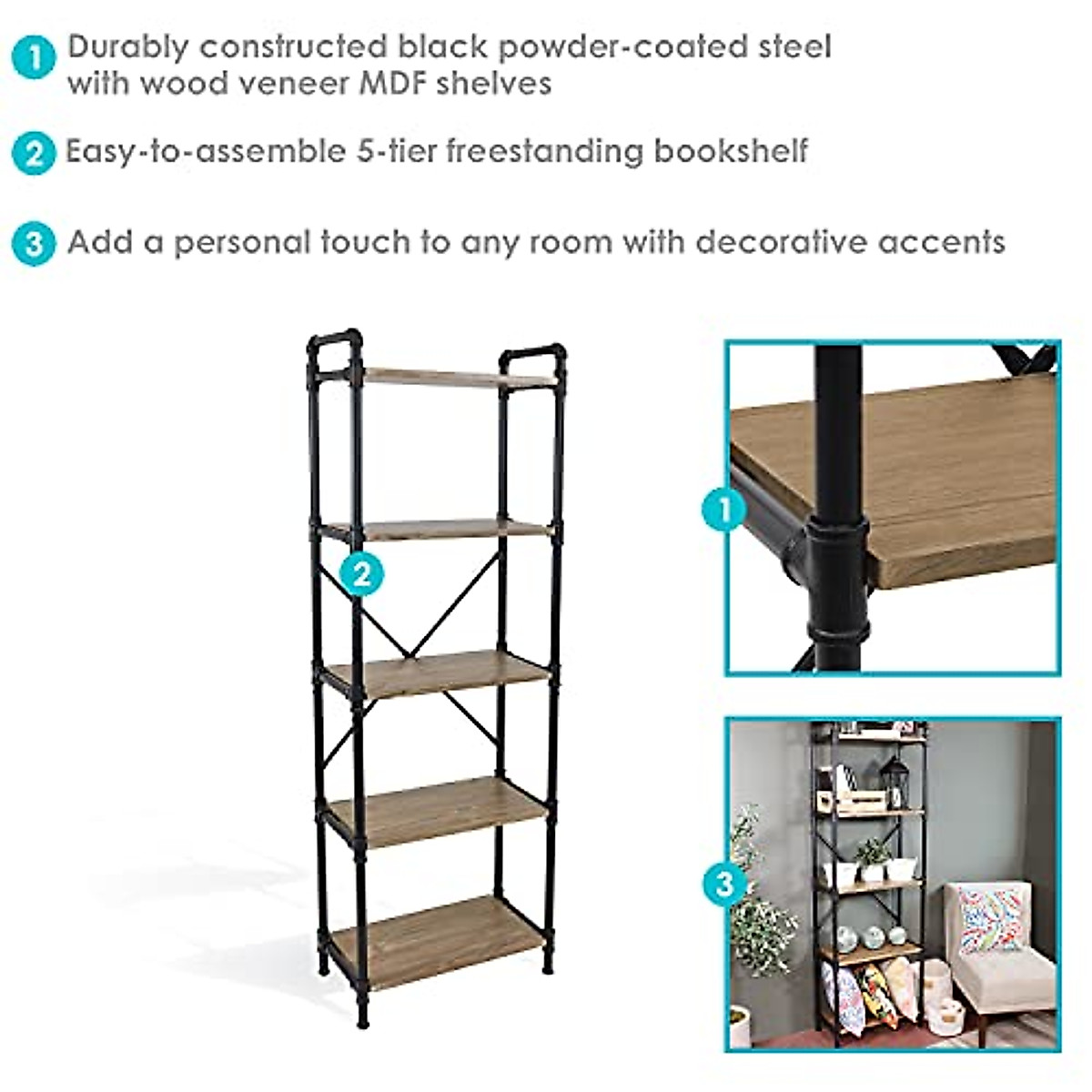 Sunnydaze 5-Tier Freestanding Industrial Bookshelf for Living Room - Black Pipe Style Frame with Wood Veneer Shelves - Brown