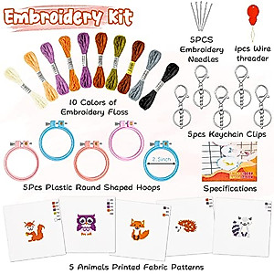 WATINC 5Pcs Embroidery Kit for Kids Stamped Cross Stitch DIY Key Chain with Woodland Animal Patterns Needlepoint Starter Kits Craft Supplies for Beginners Adults Schoolbag