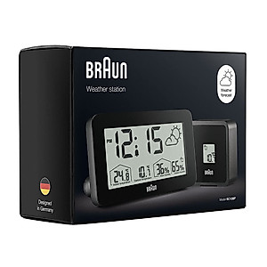 Braun Digital Weather Station Clock with Indoor and Outdoor Temperature and Humidity, Forecast, LCD Display, Quick-Set, Crescendo beep Alarm in Black, Model BC13BP.