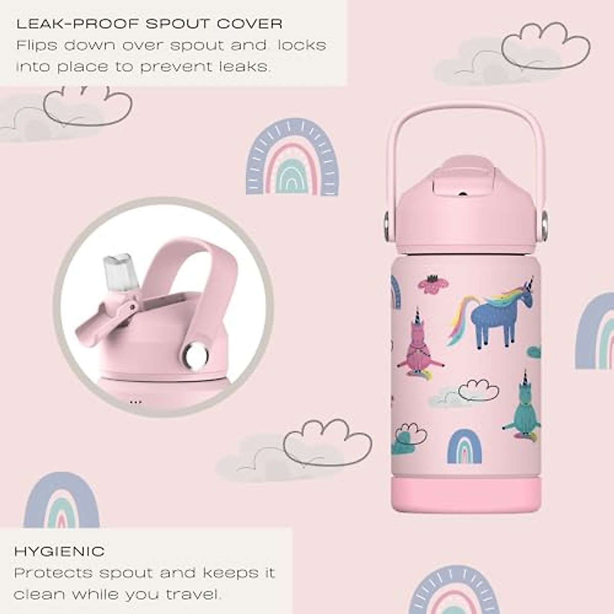 Hippypotamus Kids Water Bottle - Vacuum Insulated Stainless Steel Thermos Bottle With Straw Lid & Soft Spout For Toddlers & Kids - 12 oz (Pink Unicorn)
