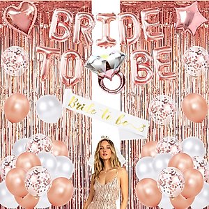 Exquisite Bachelorette Party Rose Gold Kit - Bride to Be Sash, Elegant Bride Headband with Veil, Bride Balloons and Foil Curtain| Bridal Shower Decorations